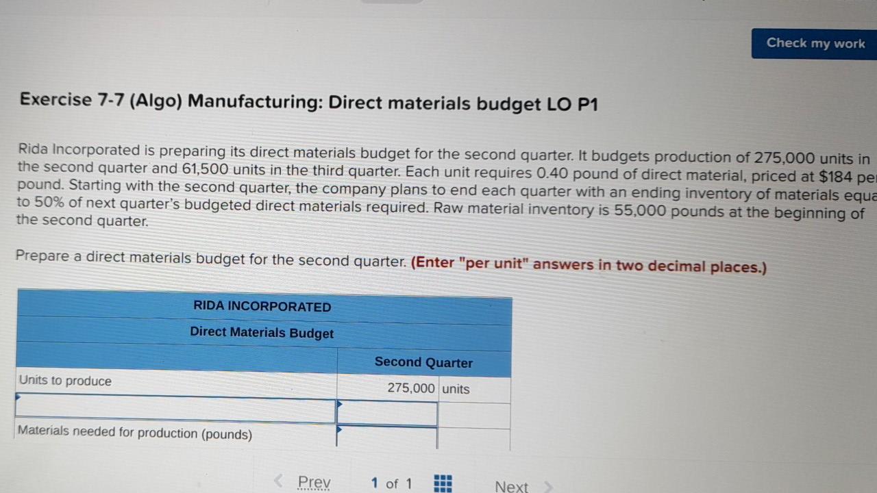 Solved Check my work Exercise 7-7 (Algo) Manufacturing: | Chegg.com