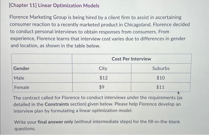 Solved [Chapter 11] Linear Optimization Models Florence | Chegg.com