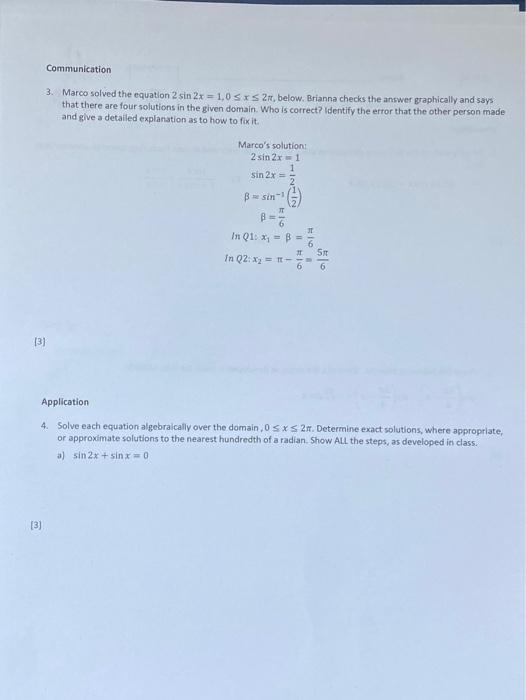 Solved Communication 3. Marco solved the equation 2 sin 2x = | Chegg.com