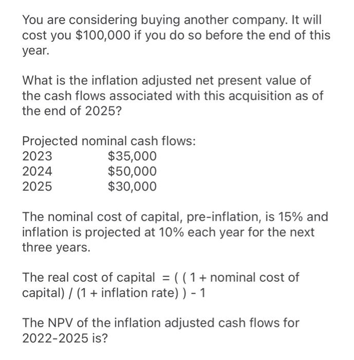 Solved You are considering buying another company. It will | Chegg.com