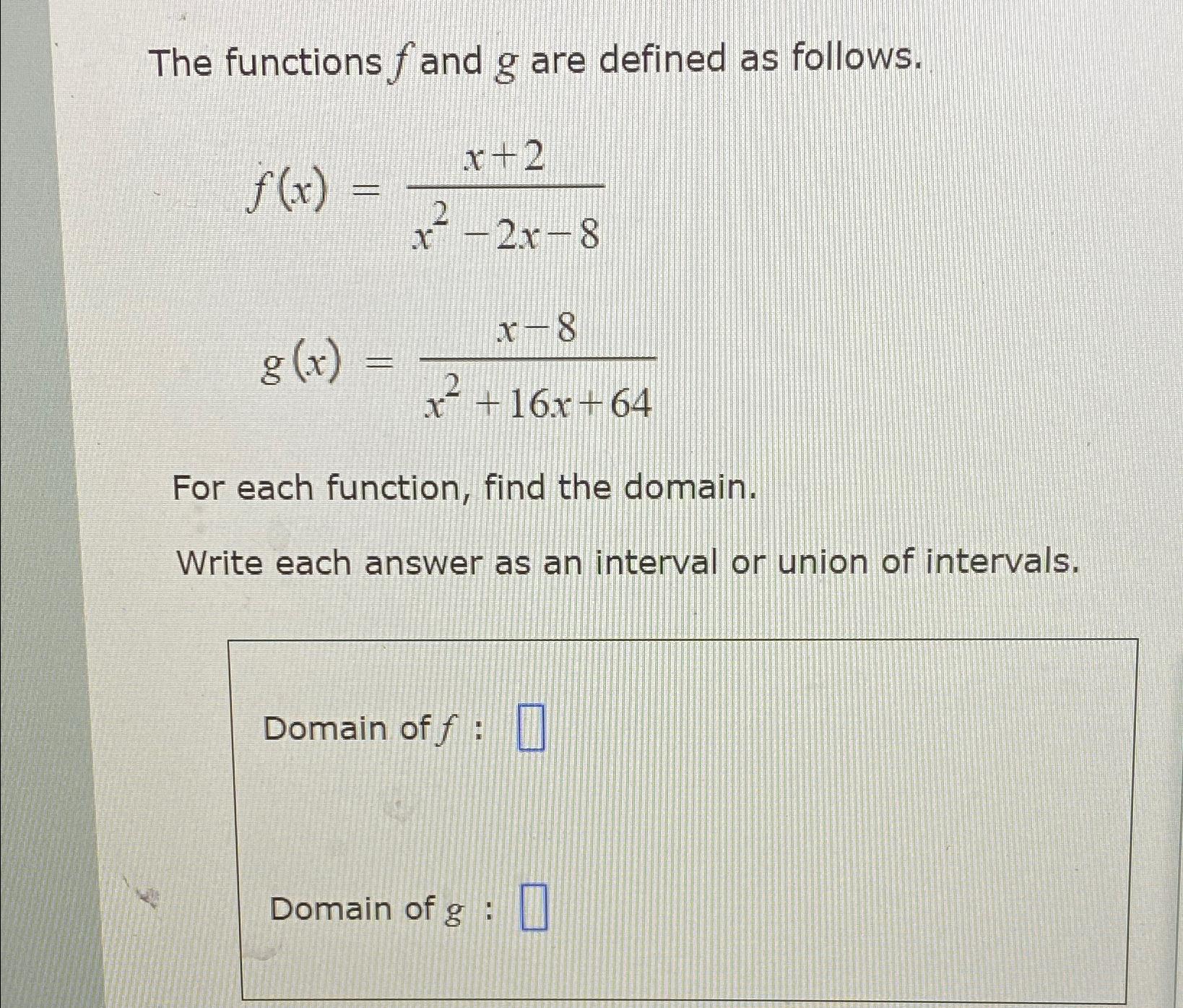 Solved The functions f ﻿and g ﻿are defined as | Chegg.com
