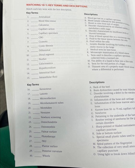 Solved MATCHING 10-1: KEY TERMS AND DESCRIPTIONS Match each | Chegg.com