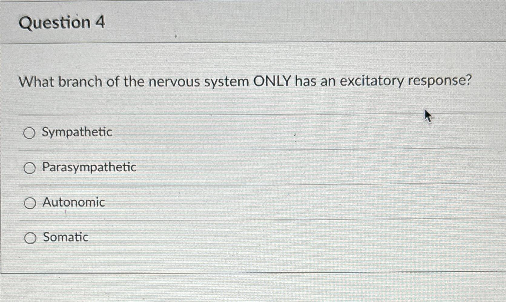 Solved Question 4What branch of the nervous system ONLY has | Chegg.com