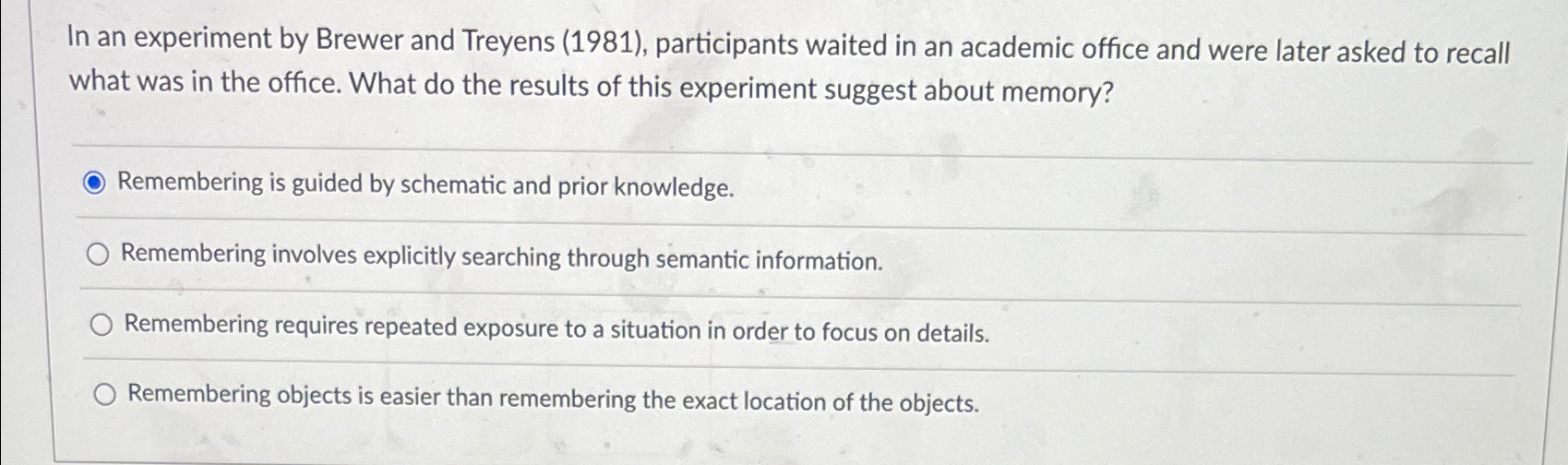 Solved In an experiment by Brewer and Treyens (1981), | Chegg.com