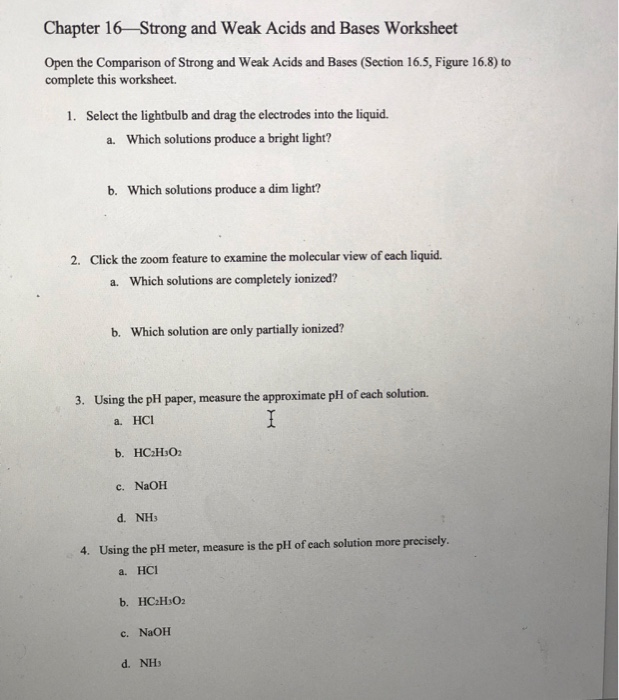 Solved Chapter 16 Strong and Weak Acids and Bases Worksheet | Chegg.com
