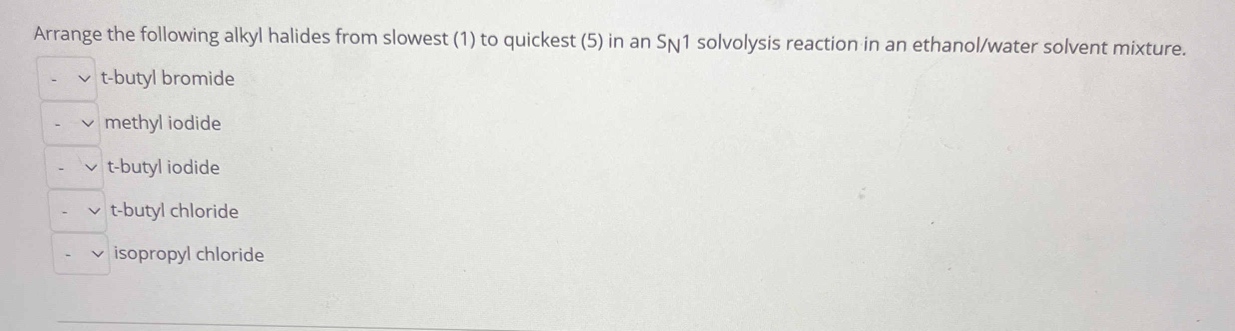 Solved Arrange the following alkyl halides from slowest (1) | Chegg.com