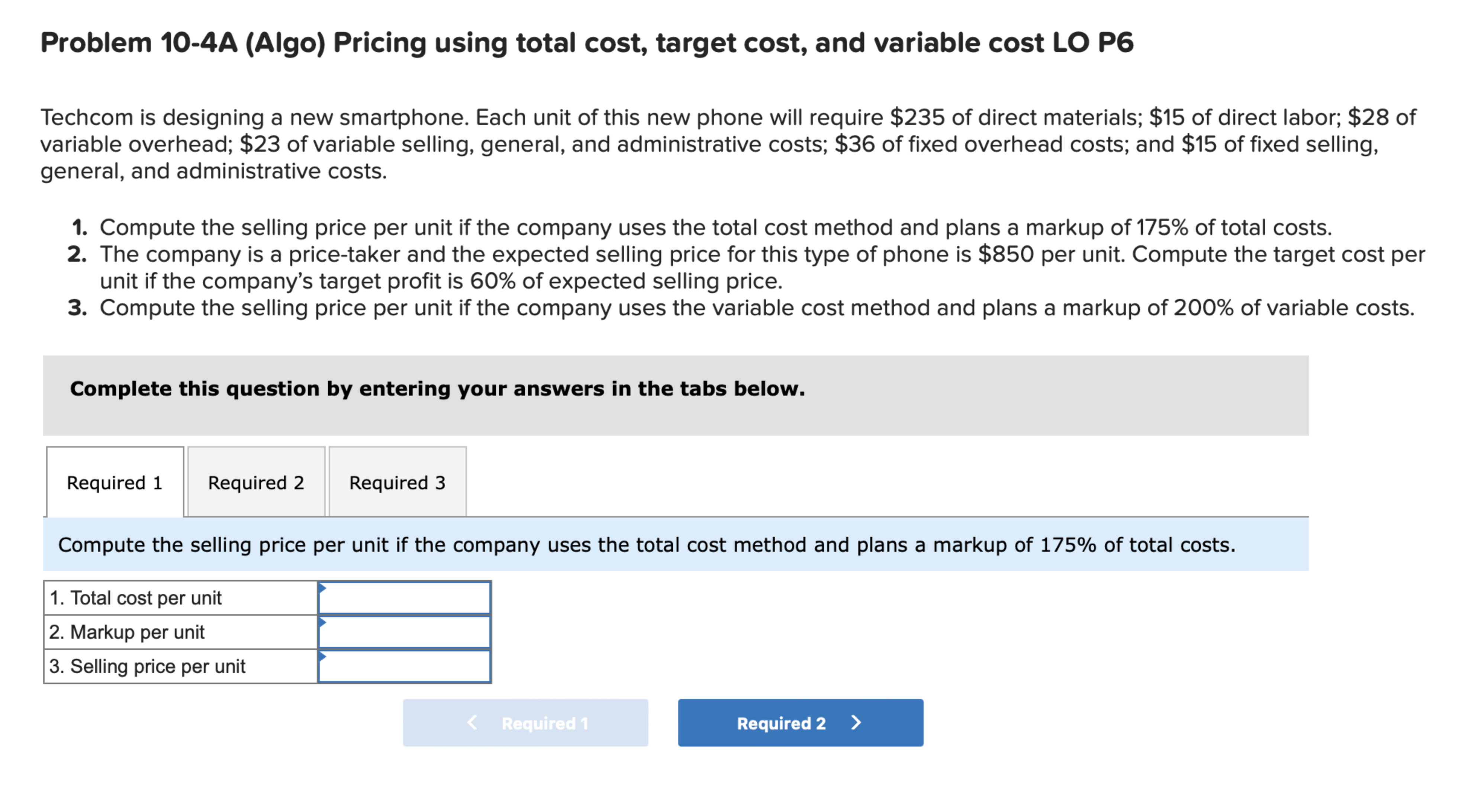 Solved Problem 10-4A (Algo) ﻿Pricing using total cost, | Chegg.com