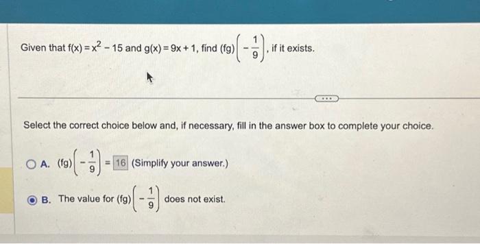 Solved Given that f(x)=x²-15 and g(x) = 9x + 1, find (fg) | Chegg.com