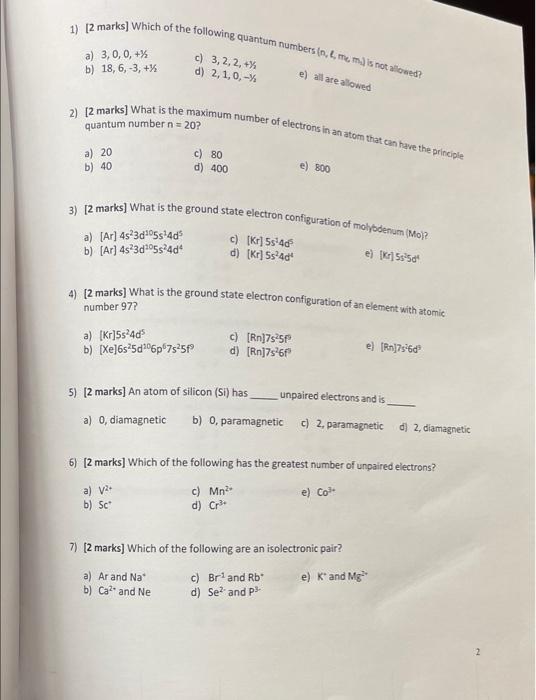 Solved 1) [2 marks] Which of the following quantum numbers | Chegg.com