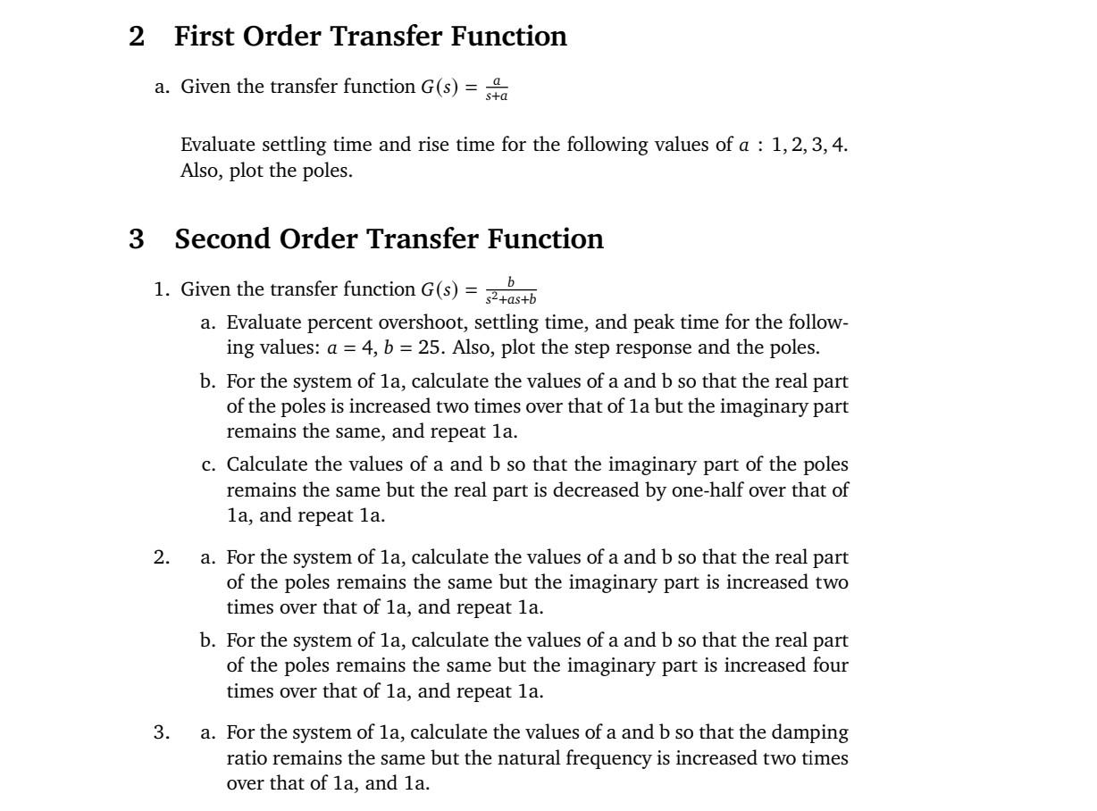 Solved 2 First Order Transfer Function a. Given the transfer | Chegg.com