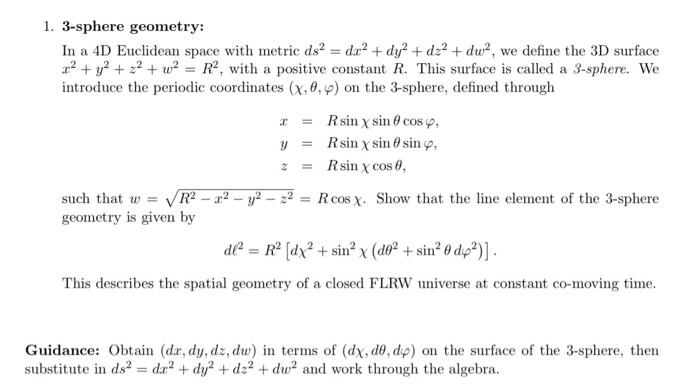 Solved 1. 3-sphere geometry: In a 4D Euclidean space with | Chegg.com