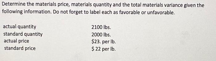 Solved Determine the materials price, materials quantity and | Chegg.com