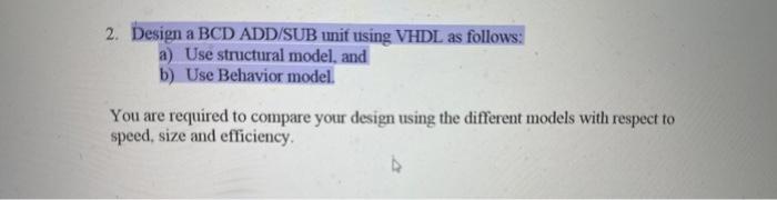 Solved 2. Design a BCD ADD/SUB unit using VHDL as follows: | Chegg.com