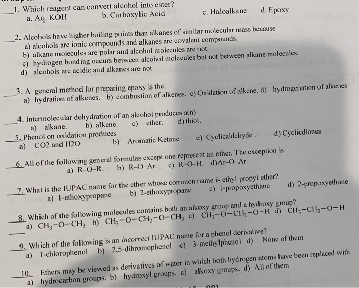Solved _1. Which reagent can convert alcohol into ester? a. | Chegg.com