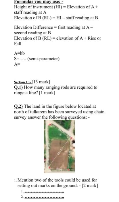 Solved Formulas you may use: - Height of instrument (HI) = | Chegg.com