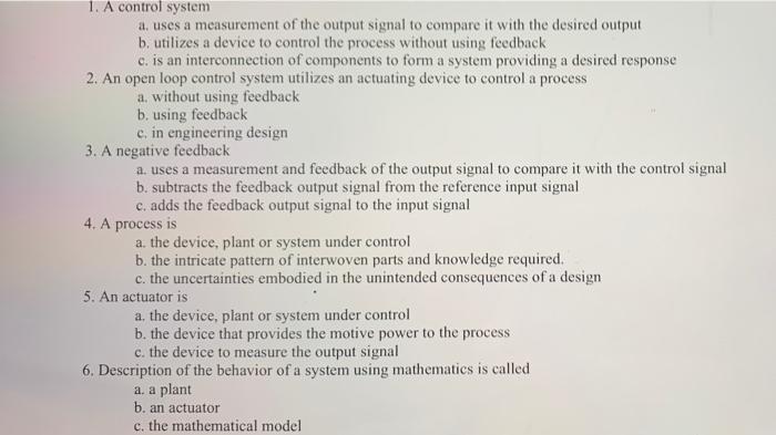 Solved 1. A control system a, uses a measurement of the | Chegg.com
