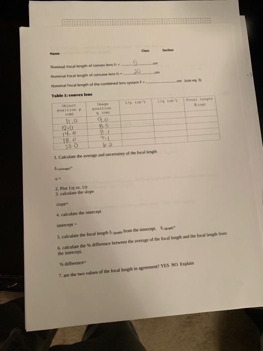Solved Class Section Name Nominal Focal length of convex | Chegg.com