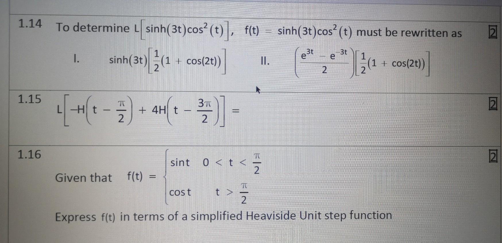 Solved 1.14 2 To determine L sinh(3t)cos? (t)], f(t) = | Chegg.com