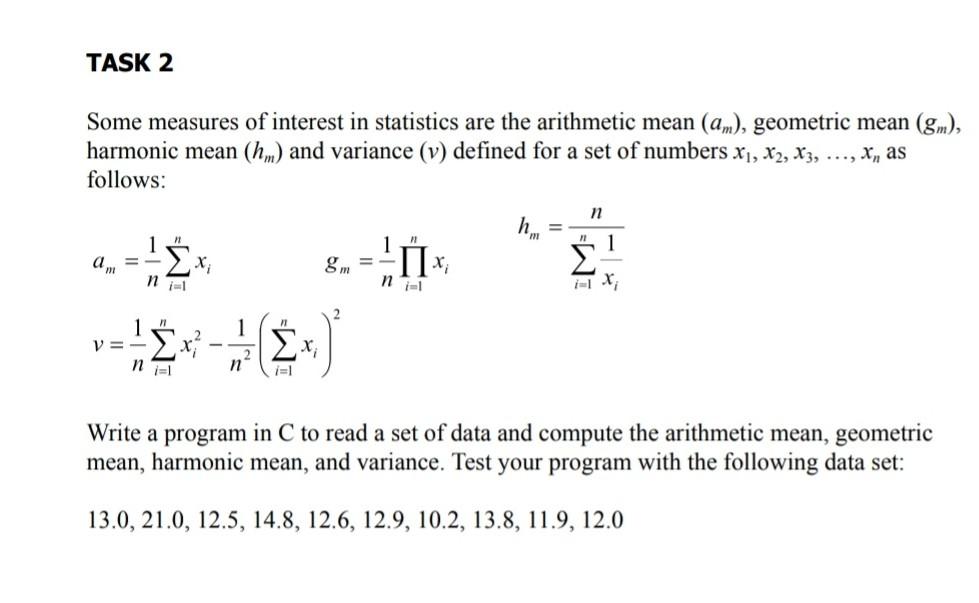 Solved TASK 2 Some measures of interest in statistics are | Chegg.com