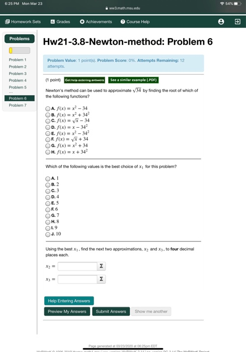 Solved 6:25 PM Mon Mar 23 54% ww3.math.msu.edu Homework Sets | Chegg.com