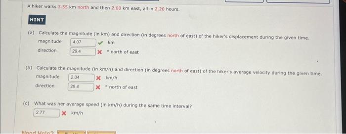 Solved A hiker walks 3.55 km north and then 2.00 km east, | Chegg.com