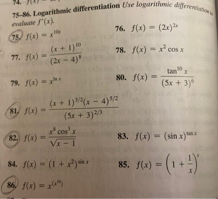 Solved erentiation to 74. HU - 75_86. Logarithmic | Chegg.com