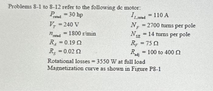 Solved Problems 8−1 to 8−12 refer to the following dc motor: | Chegg.com