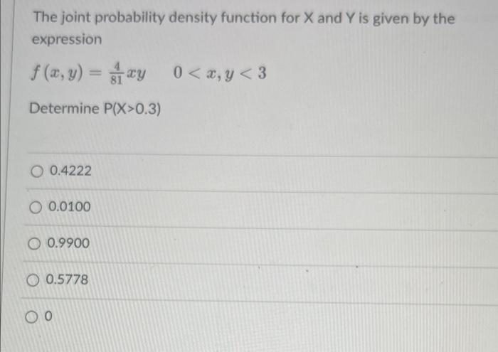 Solved The joint probability density function for X and Y is | Chegg.com