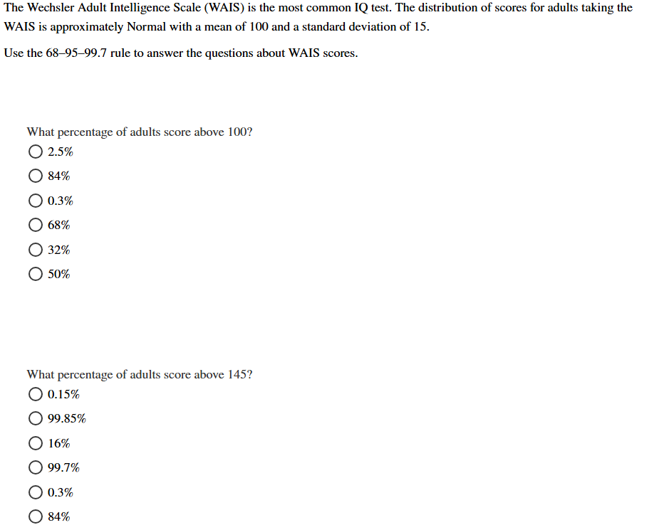 Solved The Wechsler Adult Intelligence Scale (WAIS) is ﻿the | Chegg.com