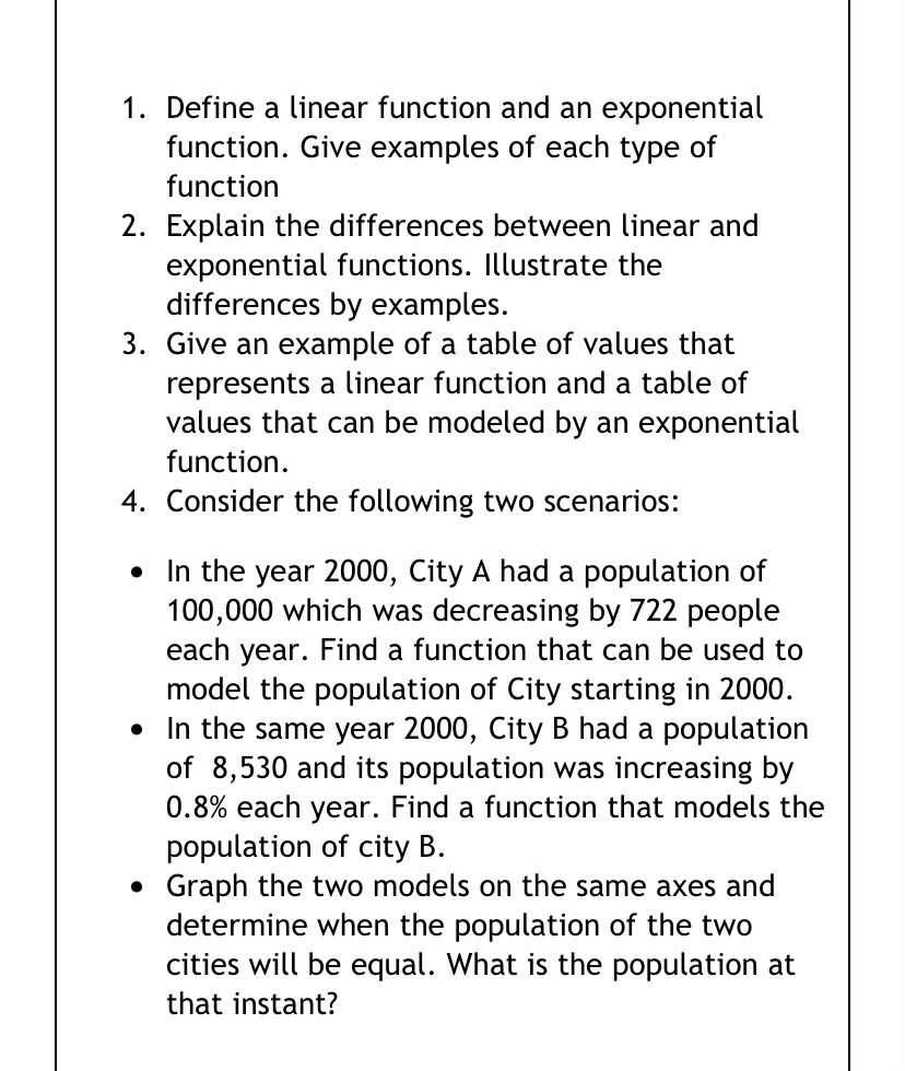 Solved Define a linear function and an exponentialfunction. | Chegg.com