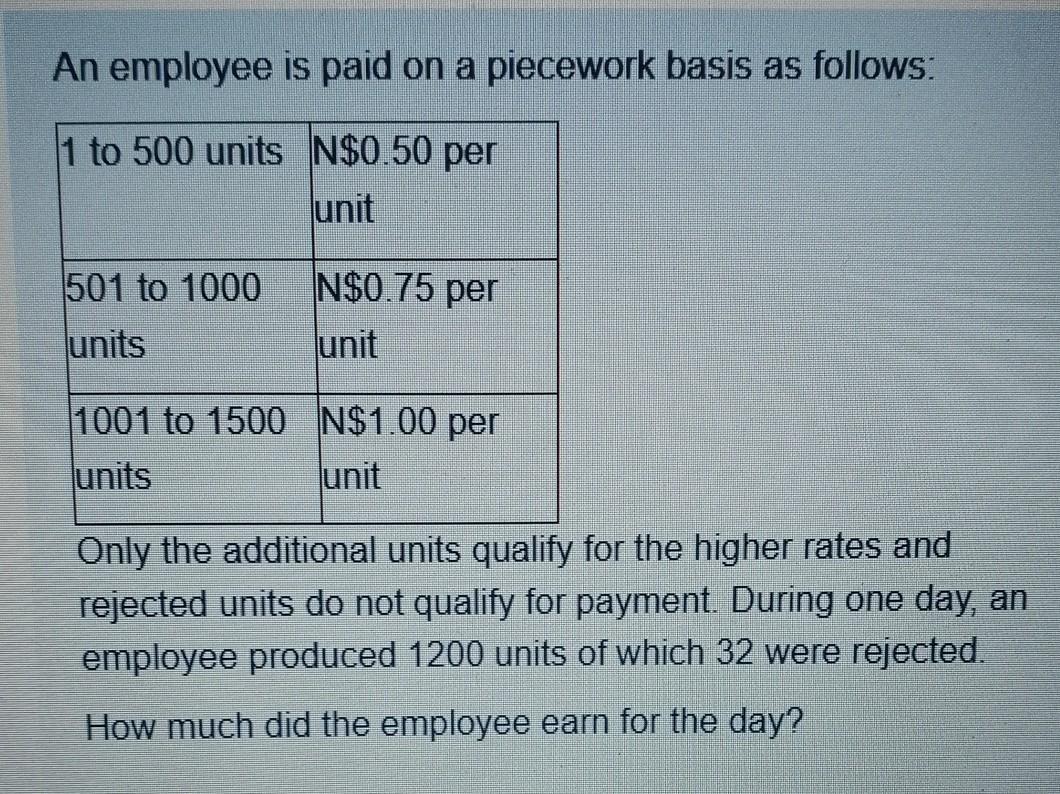 Solved An employee is paid on a piecework basis as follows: | Chegg.com