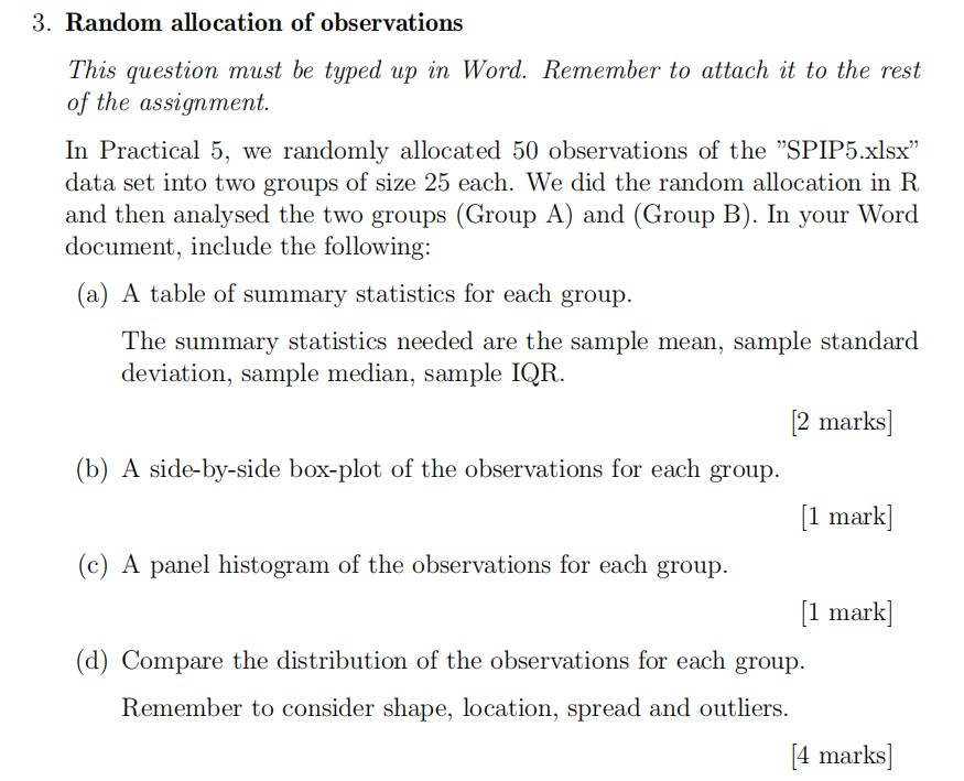 Solved 3. Random allocation of observations This question | Chegg.com
