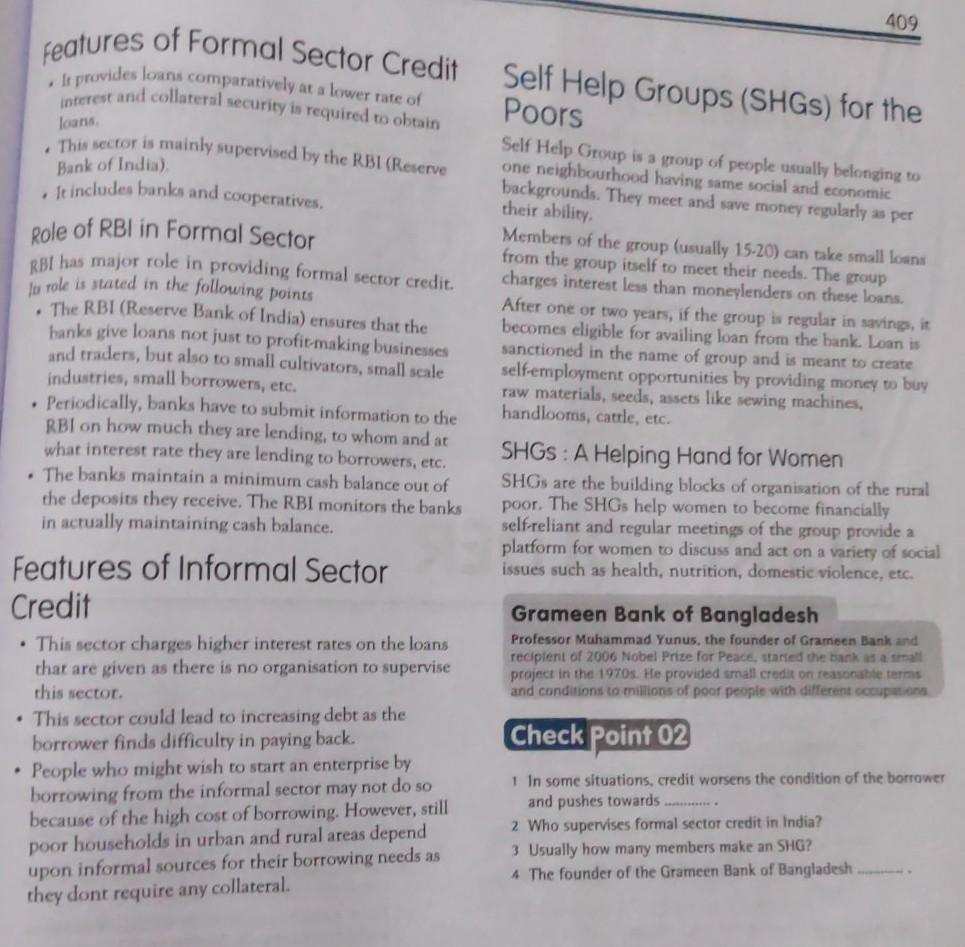 Solved 409 loans Features of Formal Sector Credit . It | Chegg.com