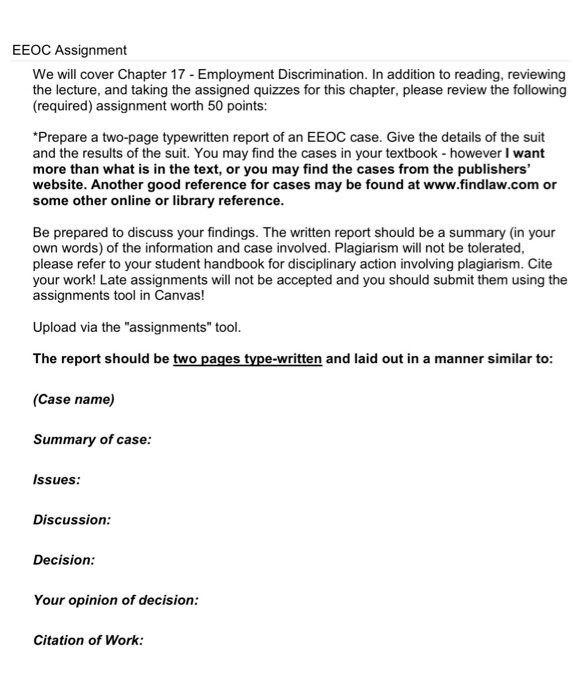 EEOC Assignment We will cover Chapter 17 - Employment | Chegg.com