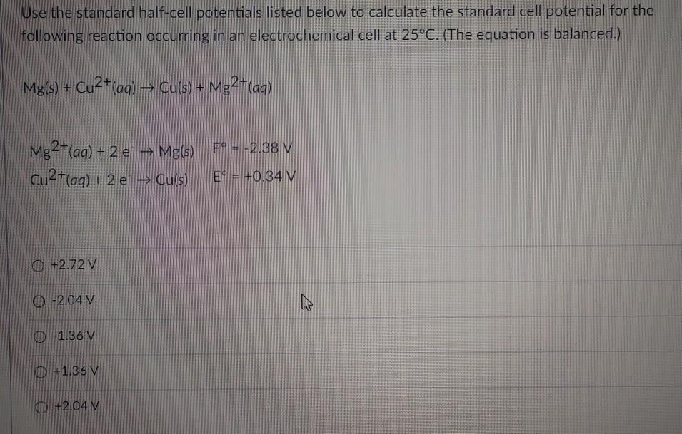 Solved Use the standard half-cell potentials listed below to | Chegg.com