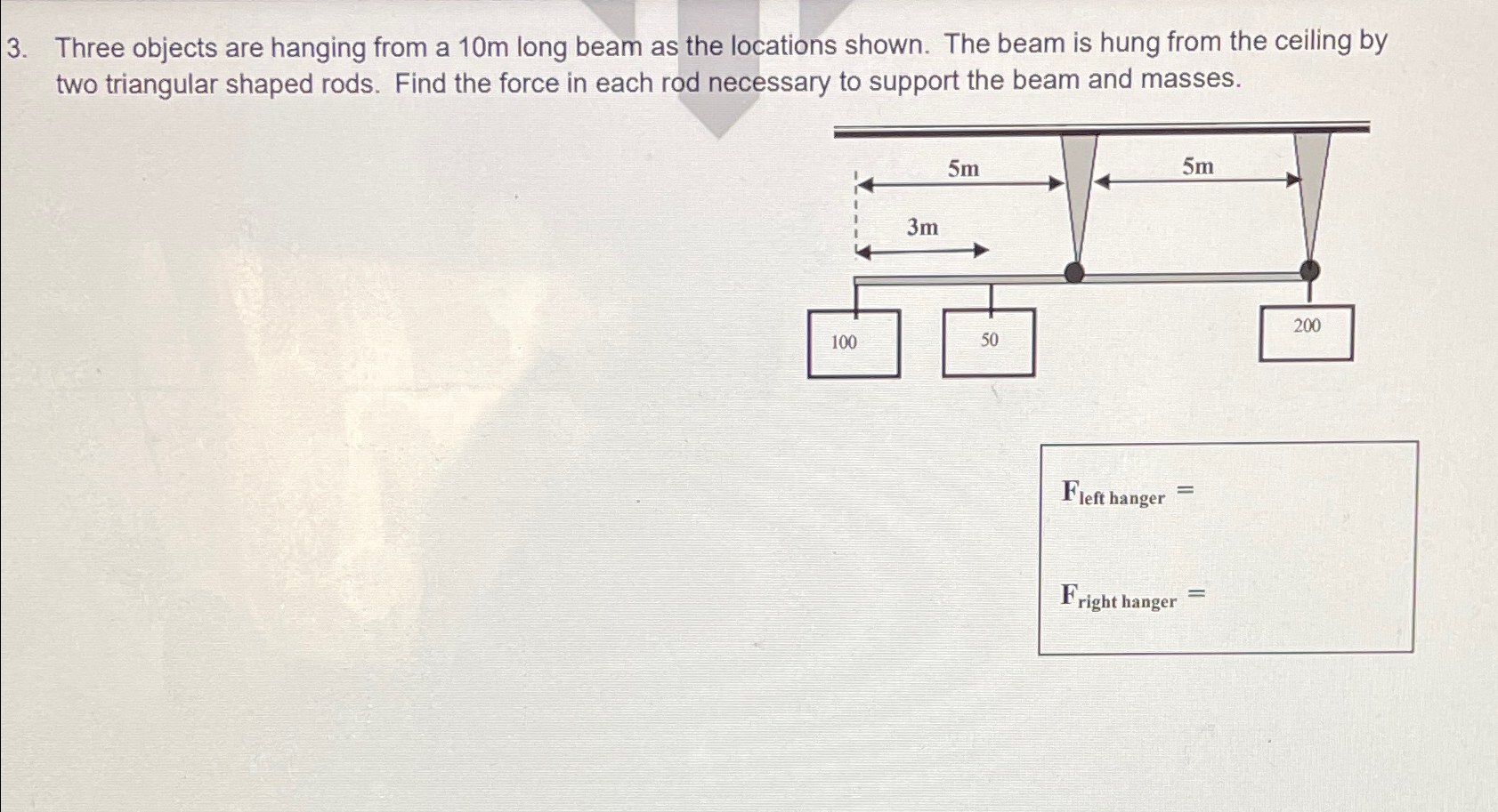 Three objects are hanging from a 10m ﻿long beam as | Chegg.com