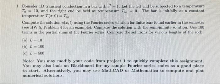 Solved 1. Consider 1D transient conduction in a bar with | Chegg.com