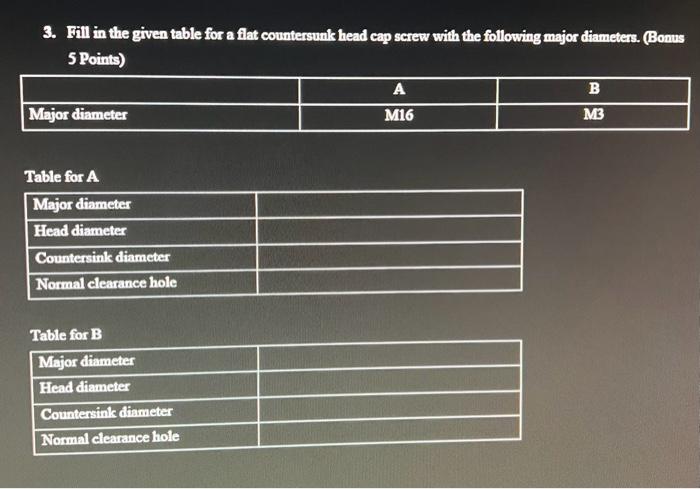 Solved 3. Fill in the given table for a flat countersunk | Chegg.com