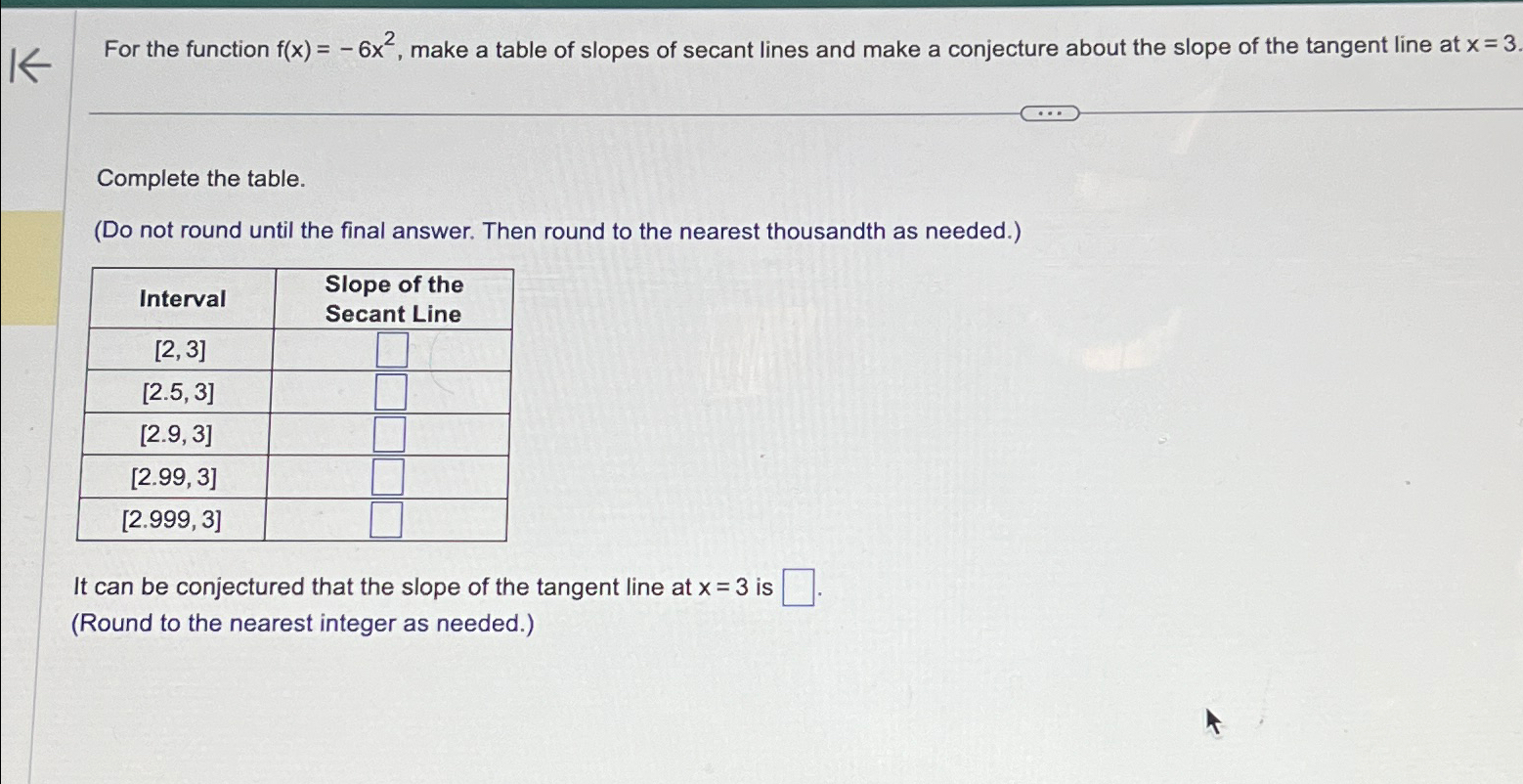 Solved For the function f(x)=-6x2, ﻿make a table of slopes | Chegg.com
