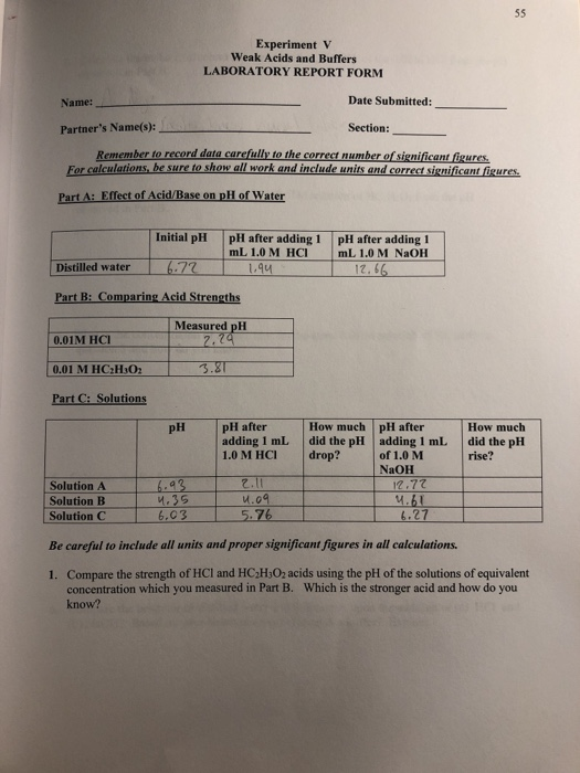 Solved 55 Experiment V Weak Acids and Buffers LABORATORY | Chegg.com