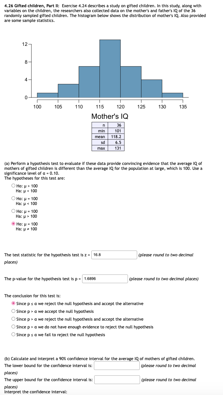 Solved 4.26 ﻿Gifted children, Part II: Exercise 4.24 | Chegg.com