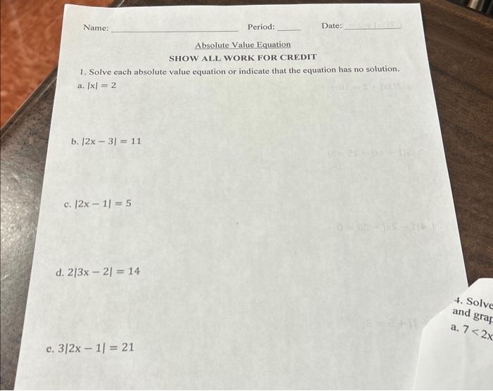 Solved Absolute Value Equation SHOW ALL WORK FOR CREDIT 1. | Chegg.com Solved Absolute Value Equation SHOW ALL WORK FOR CREDIT 1. | Chegg.com