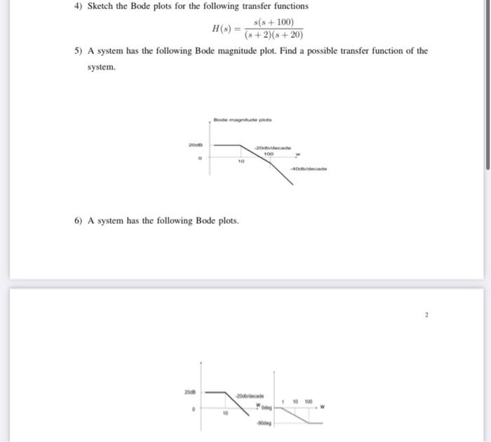 4) Sketch the Bode plots for the following transfer | Chegg.com