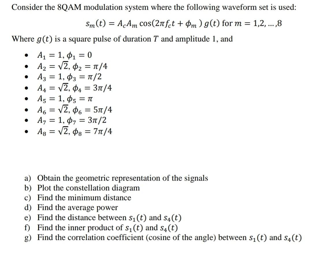 sm(t)=AcAmcos(2πfct+ϕm)g(t) for m=1,2,…,8 there g(t) | Chegg.com