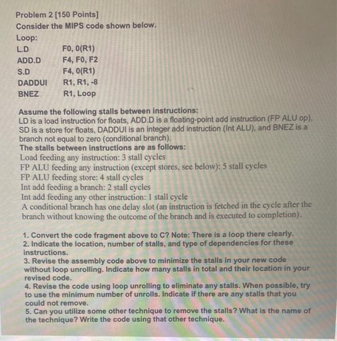 Problem 2 [150 Points] Consider the MIPS code shown | Chegg.com