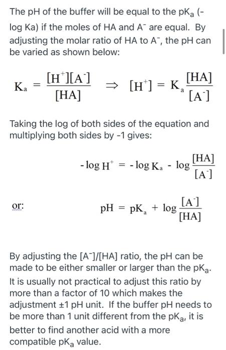 Solved The pH of the buffer will be equal to the pka (- log | Chegg.com