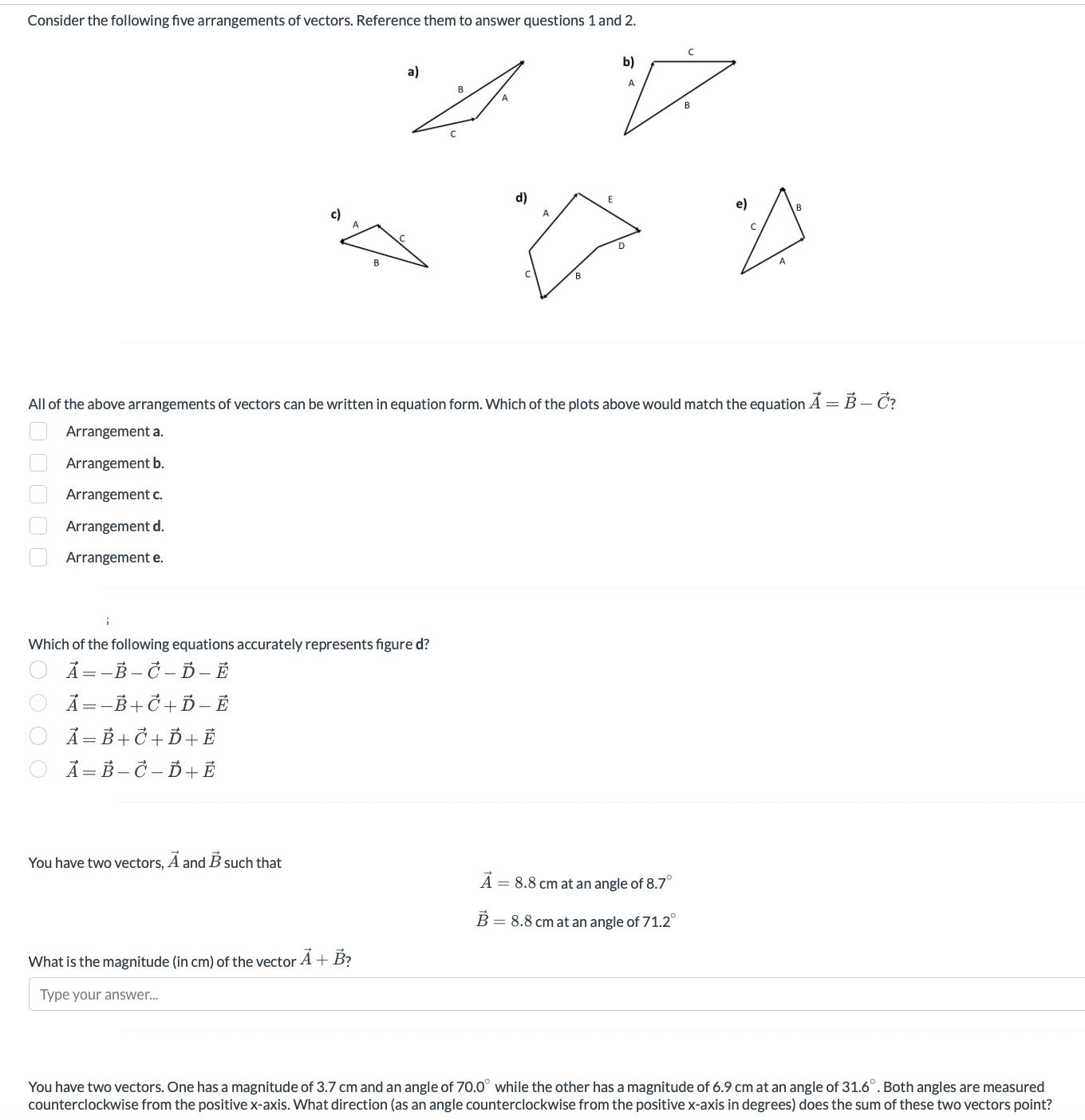 Solved Consider the following five arrangements of vectors. | Chegg.com