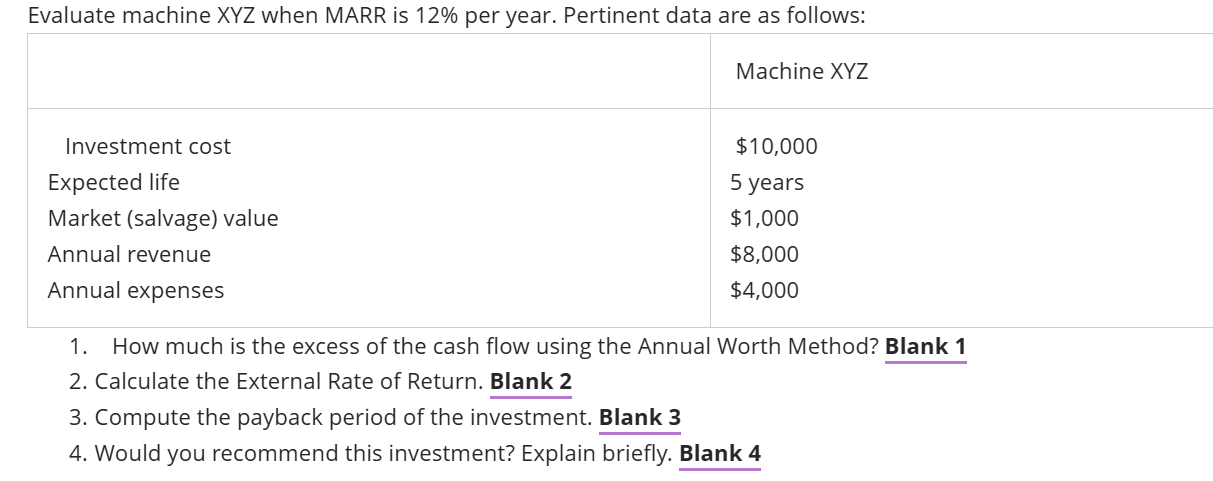 Solved Evaluate machine XYZ when MARR is \( 12 \% \) ﻿per | Chegg.com