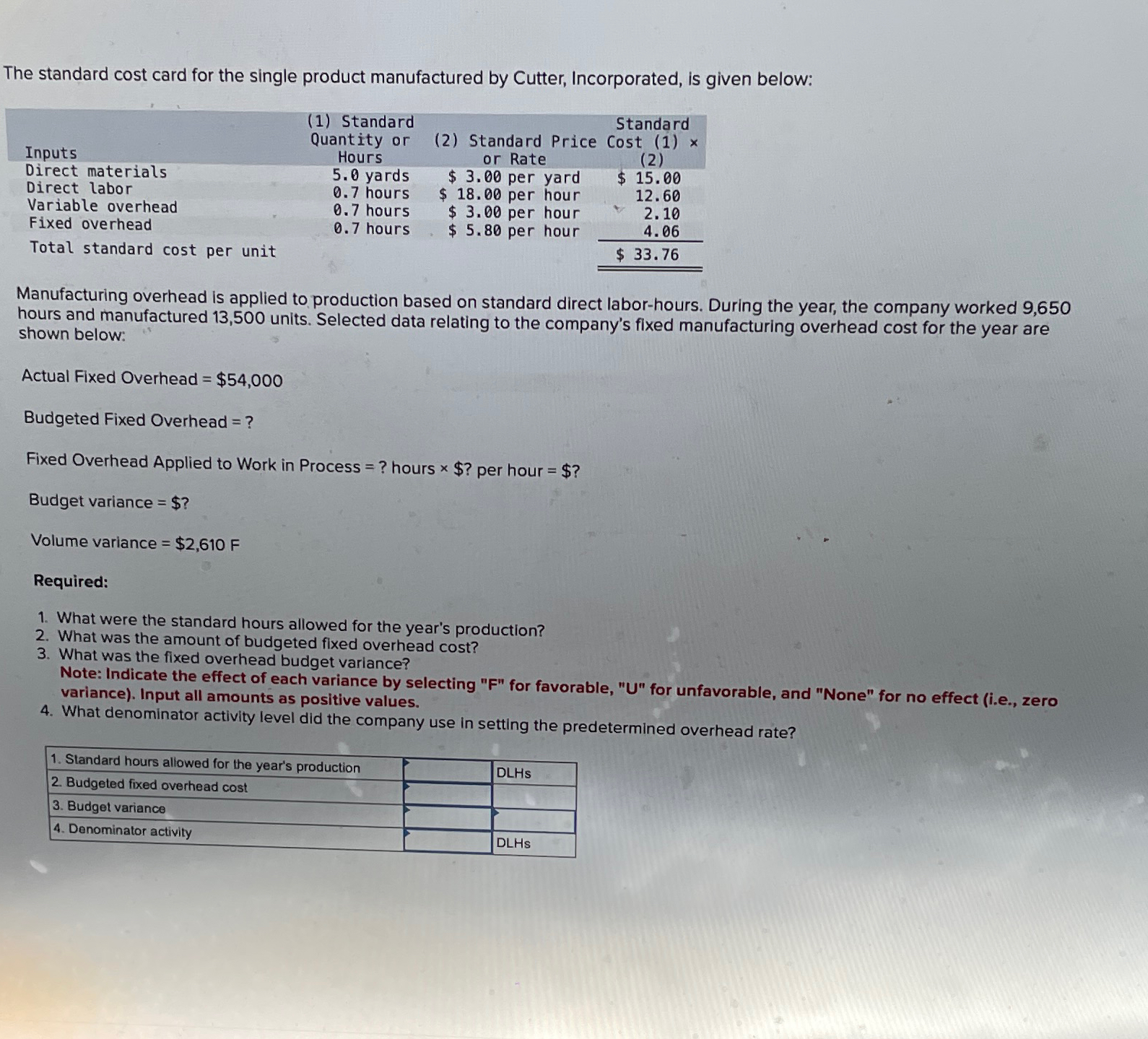 Solved The standard cost card for the single product | Chegg.com