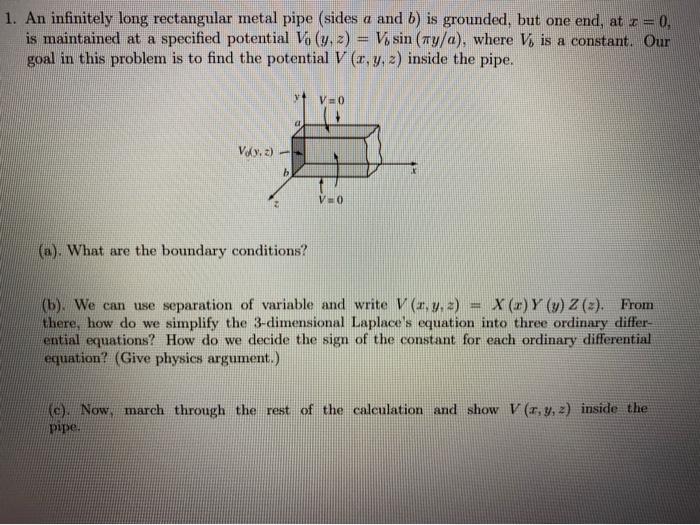 Solved 1. An infinitely long rectangular metal pipe (sides a | Chegg.com